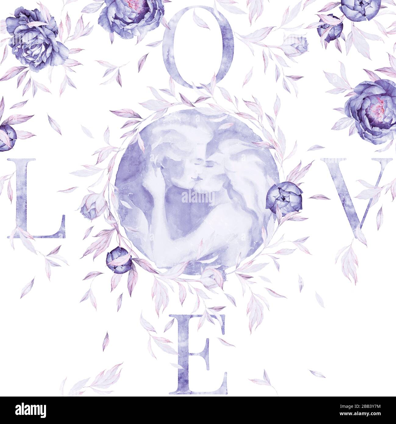 Love. Couple in Love Kiss. Romantic. Deep blue colors. Floral wreather ...