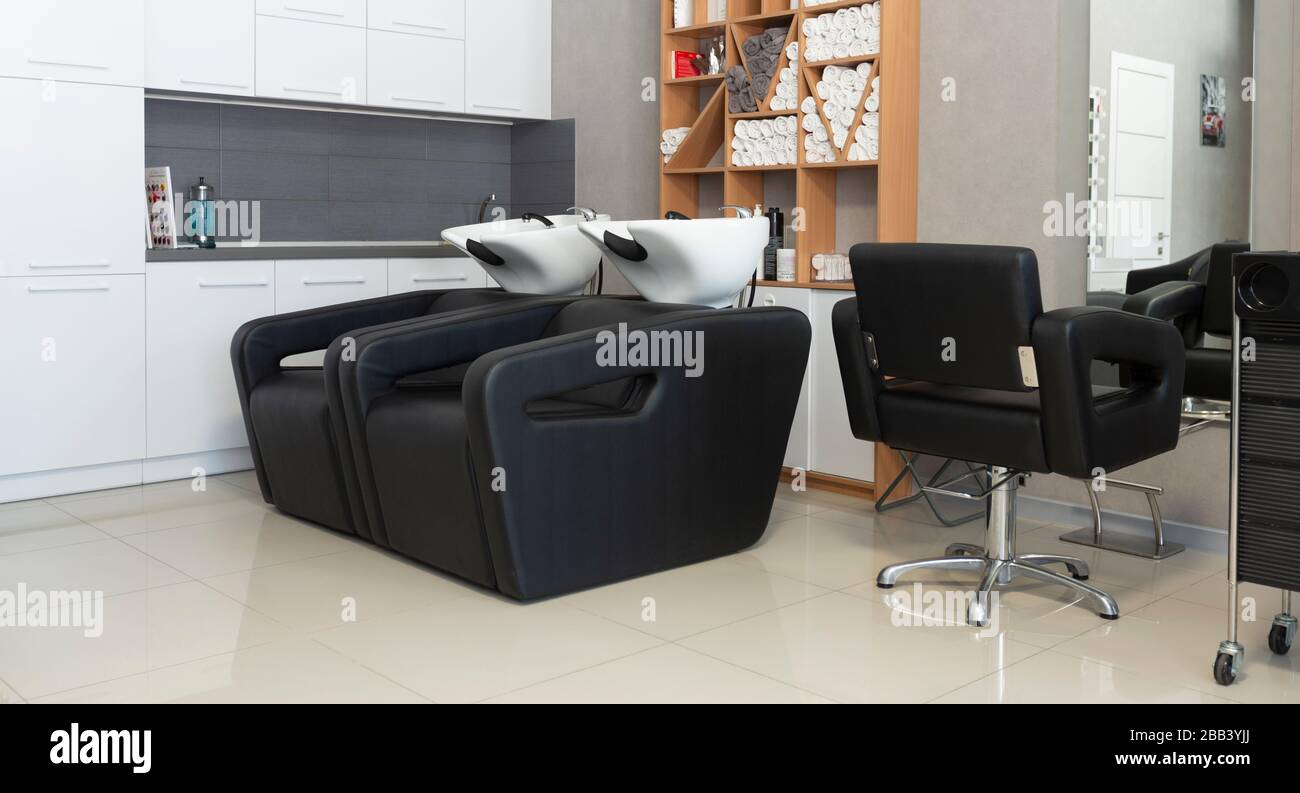 Barber wash sink for hairdressing procedures in modern interior Stock ...