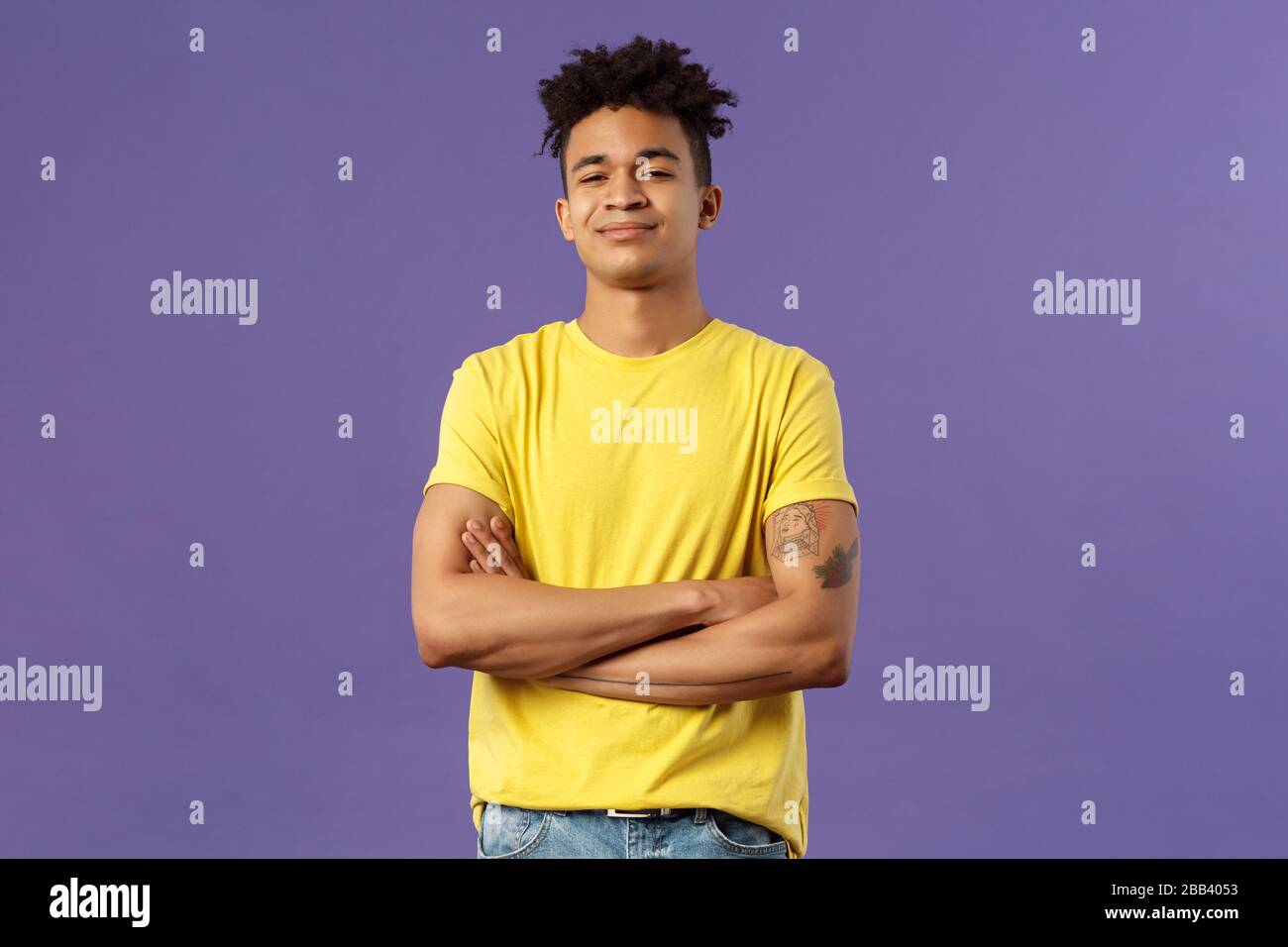 Close-up portrait of arrogant, proud and boastful young smart guy cross ...