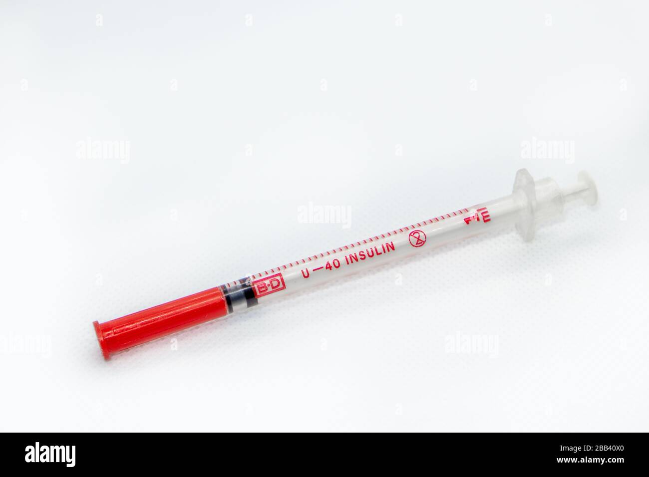 Insulin syringe diabetic close-up macro on white surface. Medicinal ...