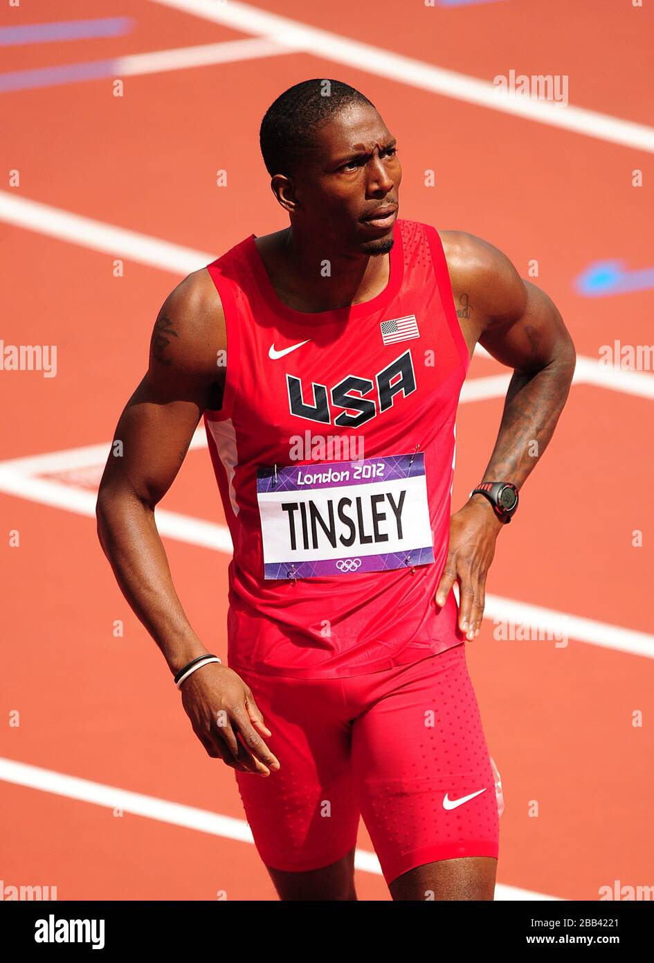 USA's Michael Tinsley after running in heat 2 of the Men's 400m Hurdles ...