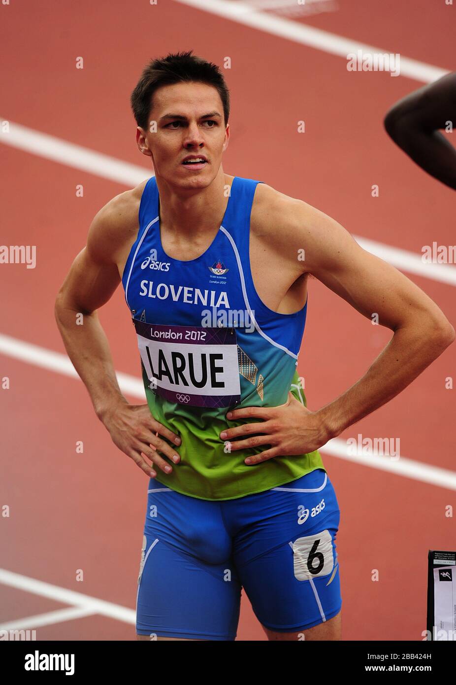 Slovenia's Brent Larue after running in heat 3 of the Men's 400m Hurdles Round 1 Stock Photo - Alamy