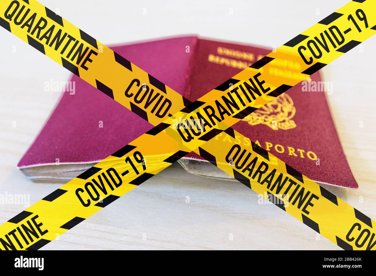 Yellow quarantine zone barrier Covid-19 on passport. Lockdown countries ...