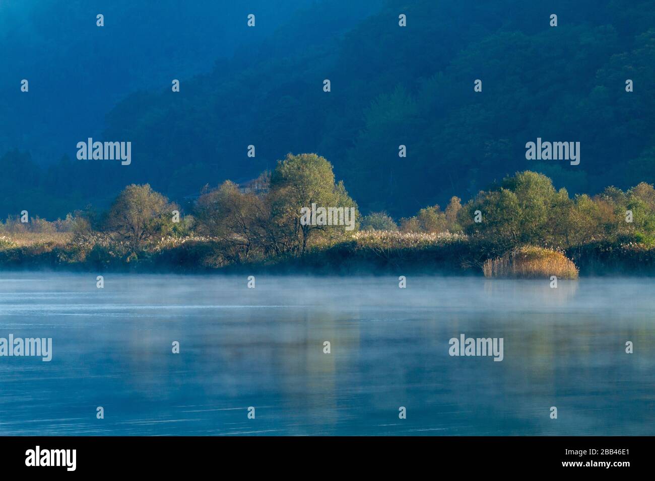Misty morning sunrise over the bay and river of Toyooka (Toyooka-shi ...