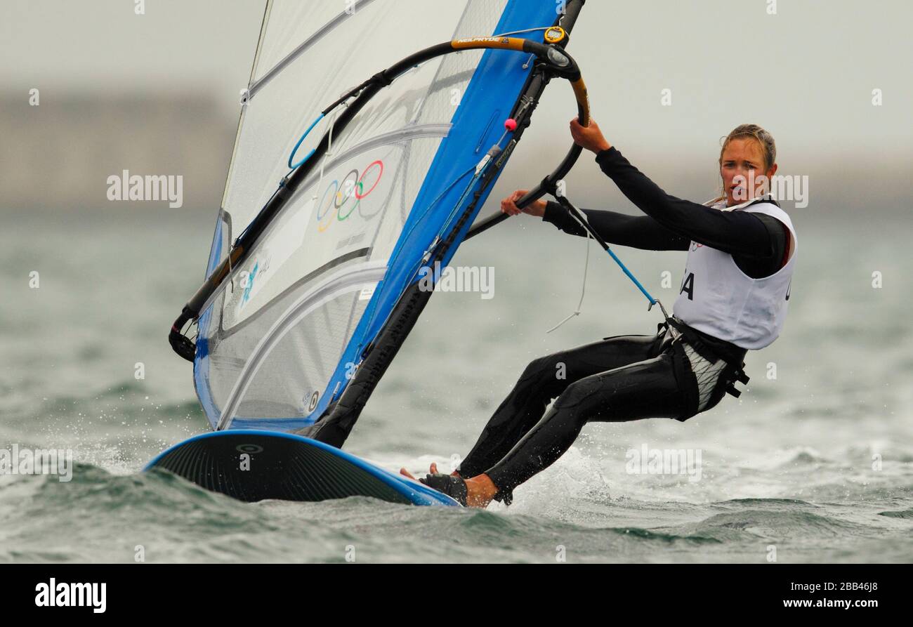 The USA's Farrah Hall racing on her RS:X windsurfer in Portland Harbour ...