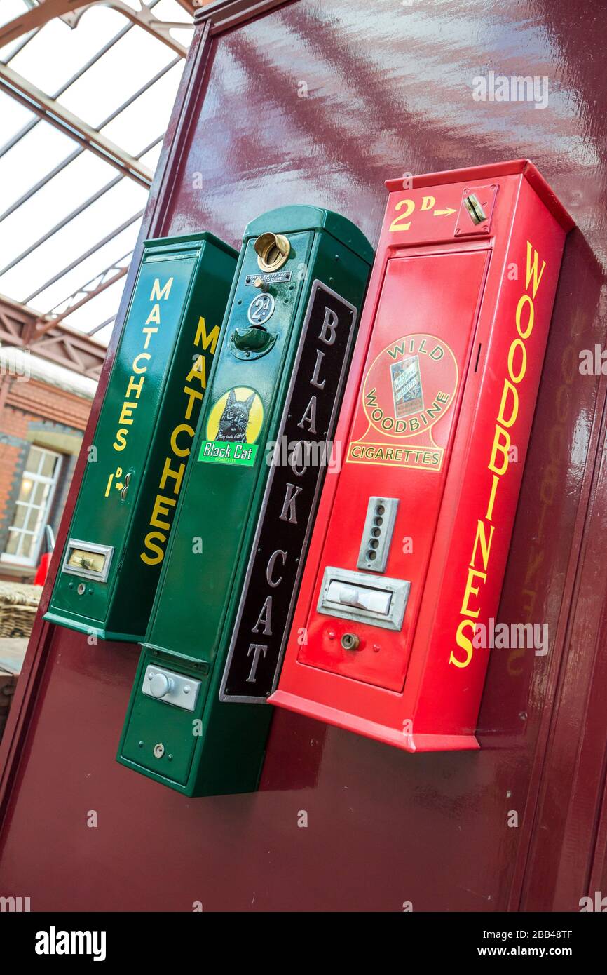 Close up of three vintage cigarette vending machines at Severn Valley ...