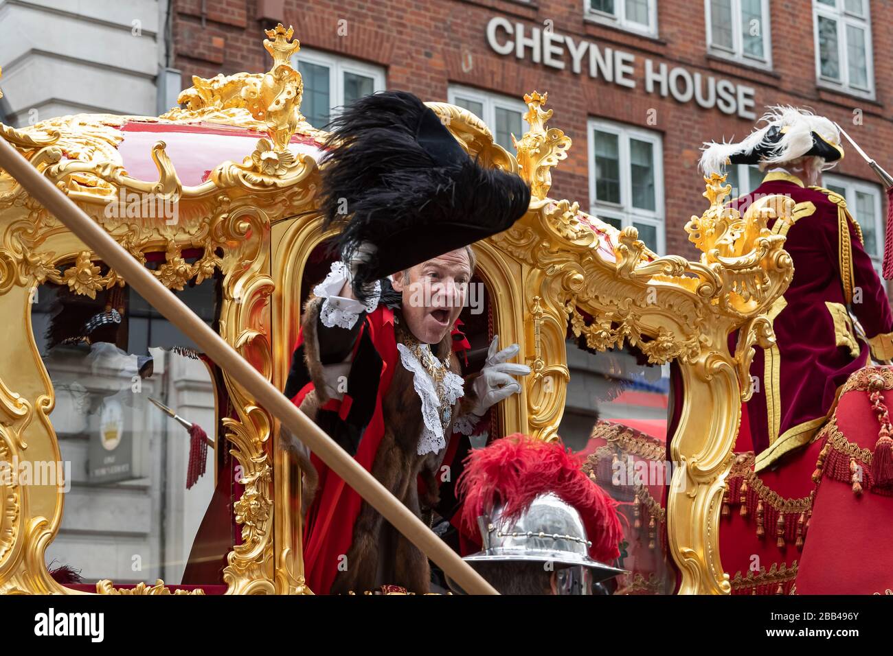 Lord Mayor of London waving with his hat from his gold coach during the ...