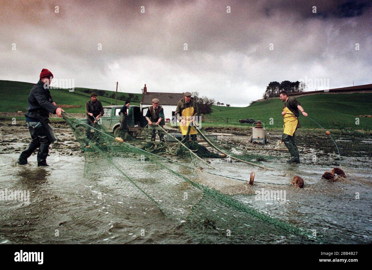Fishermen catching salmon using a sweep net at a netting station on the ...