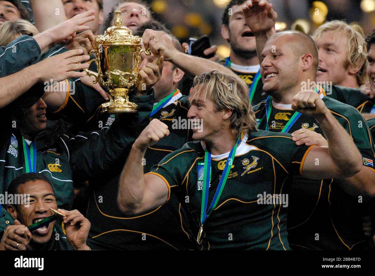 Percy Montgomery (South Africa) punches the air as the rest of the team ...