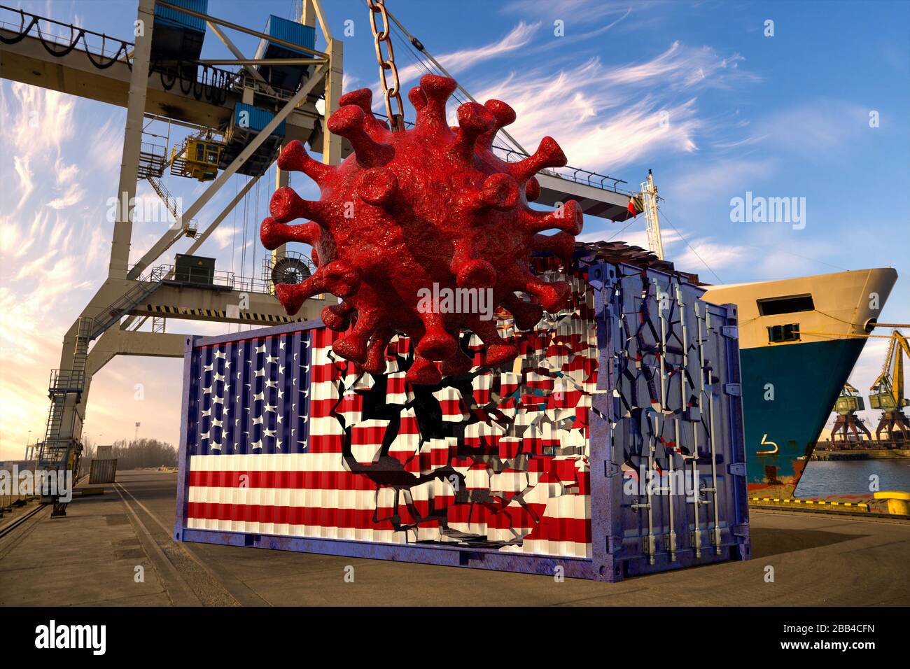 An American container in port hit and damaged by a huge virus. The ...