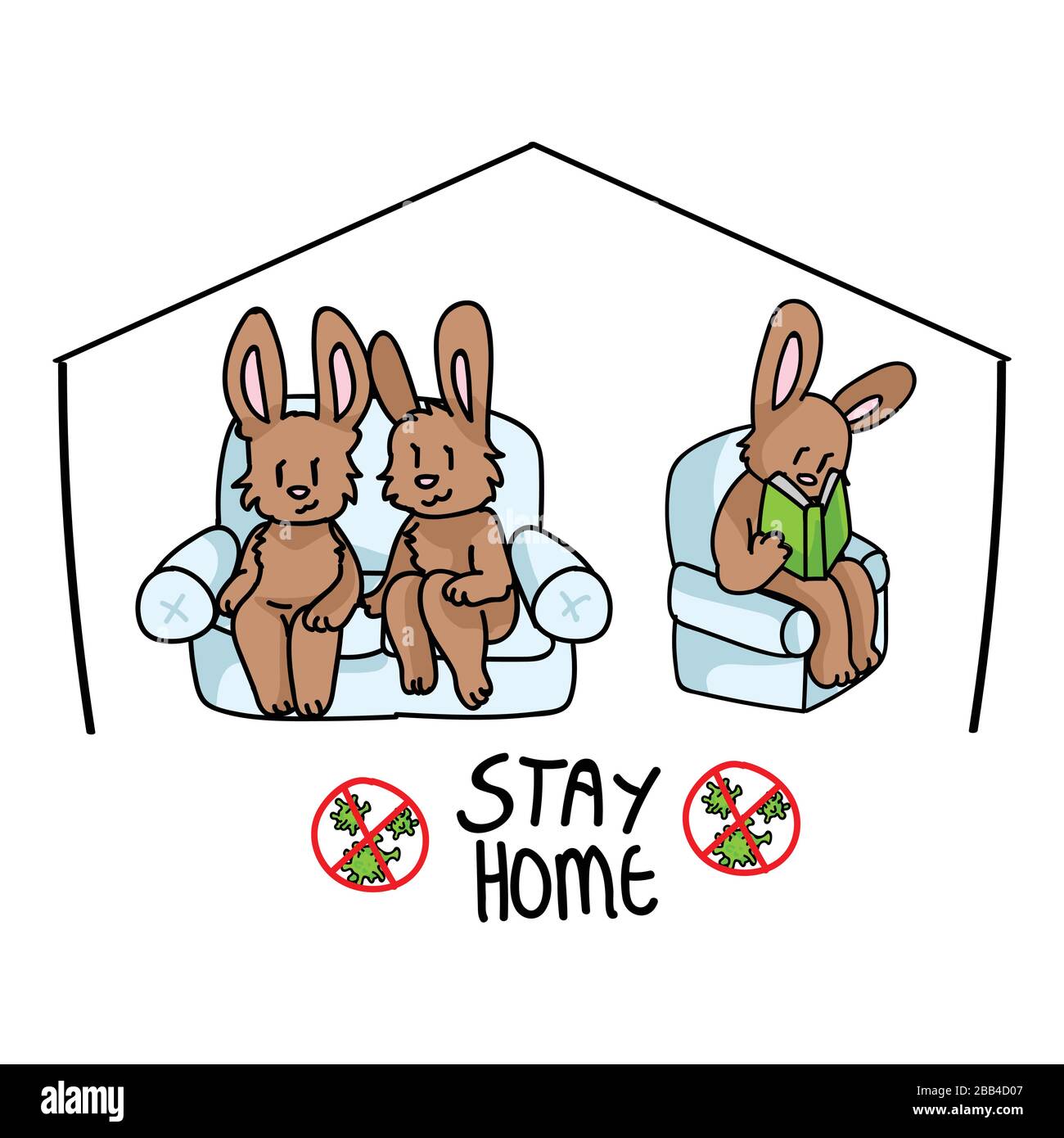 Corona virus kids cartoon stay home cute bunnies on couch reading ...