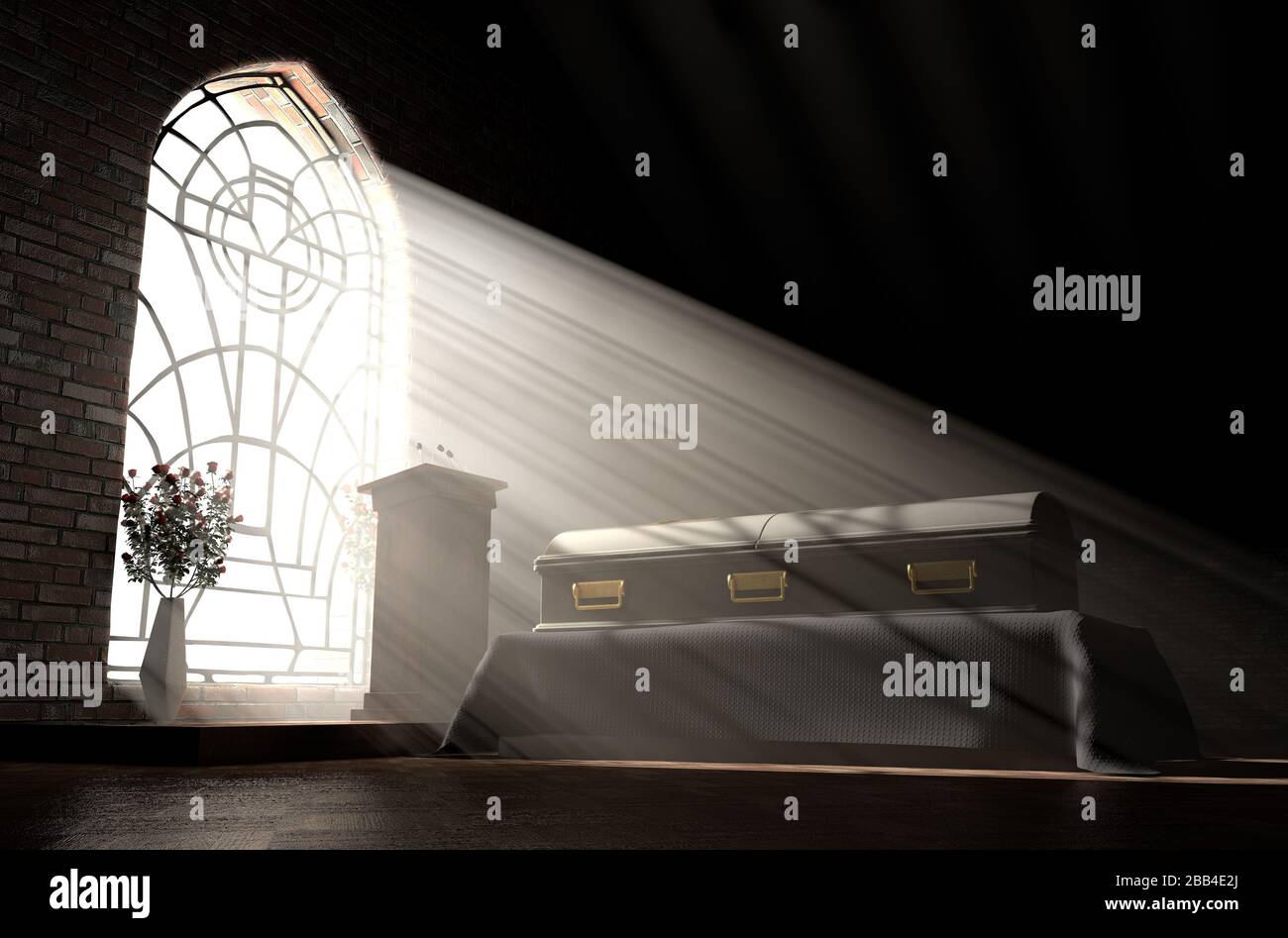 A dark church interior lit by suns rays penetrating through a glass ...