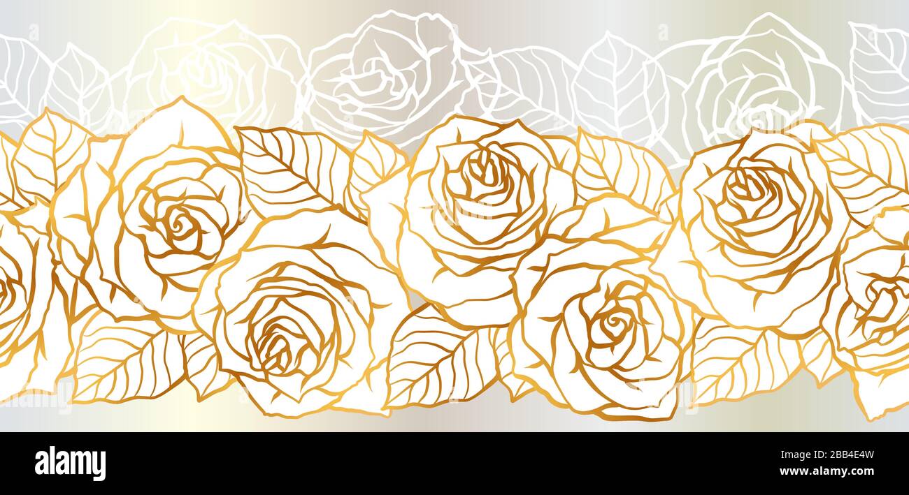 Seamless pattern with outline roses. Beautiful flowers and leaves Stock ...