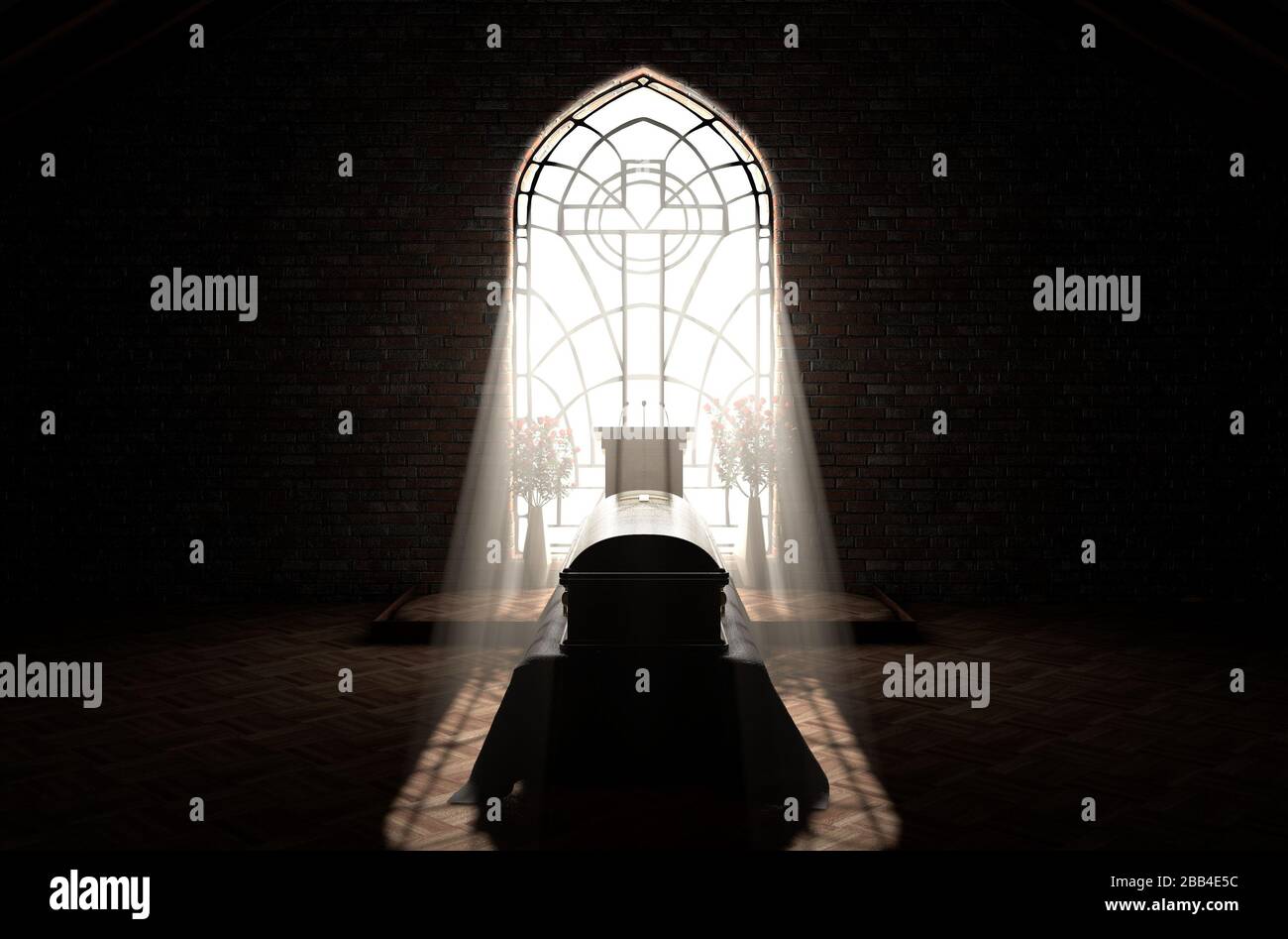 A dark church interior lit by suns rays penetrating through a glass ...