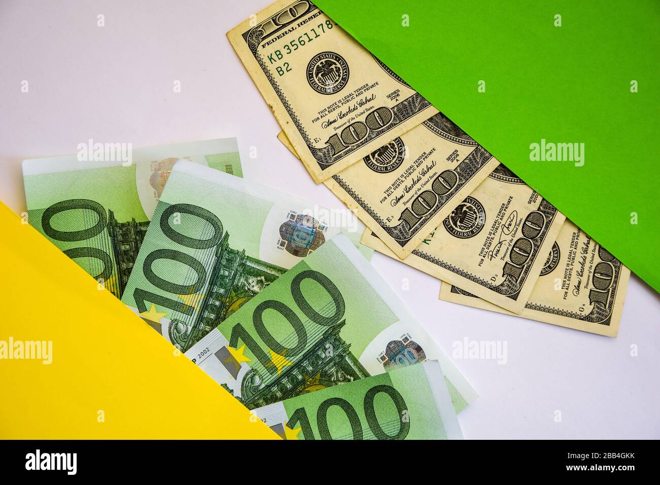 US Dollar and Euro, Euro banknotes close up. Several hundred euro ...