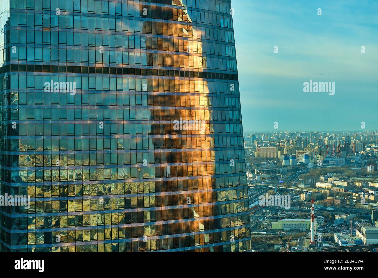View from the window of the Moscow city towers at sunset Stock Photo ...