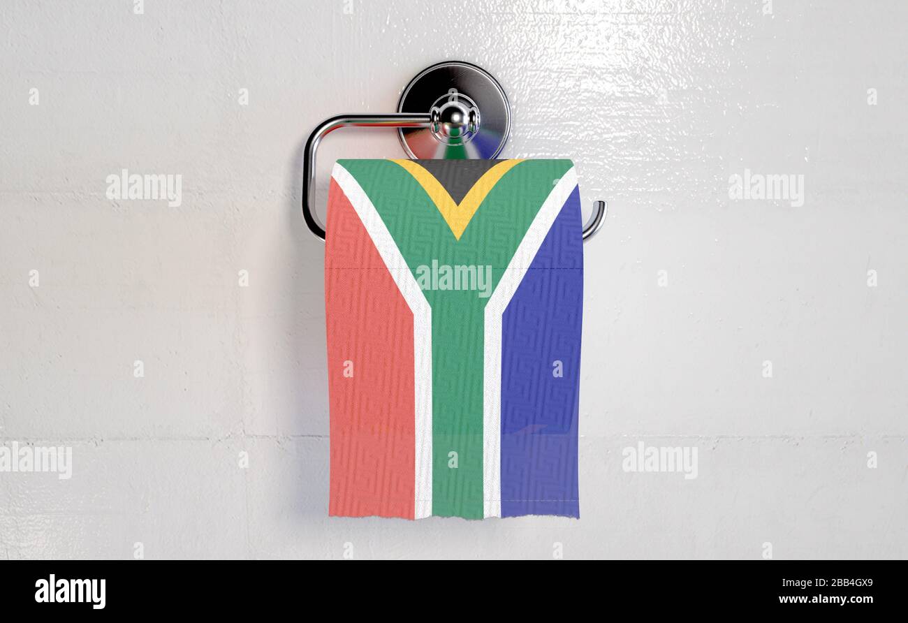 A Roll Of Toilet Paper With A Print Of The South African Flag Hanging On A Chrome Toilet Roll a-roll-of-toilet-paper-with-a-print-of-the-south-african-flag-hanging-on-a-chrome-toilet-roll