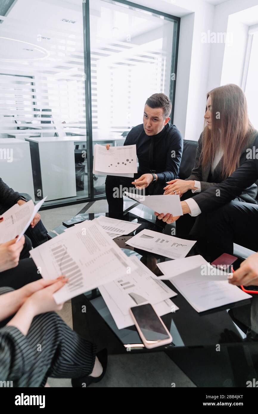 Happy project Manager conducts a financial report, shows growing ...