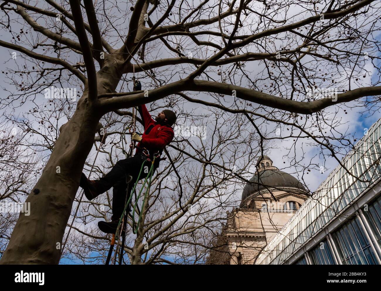 Munich, Germany. 30th Mar, 2020. A man climbs secured by ropes into the ...