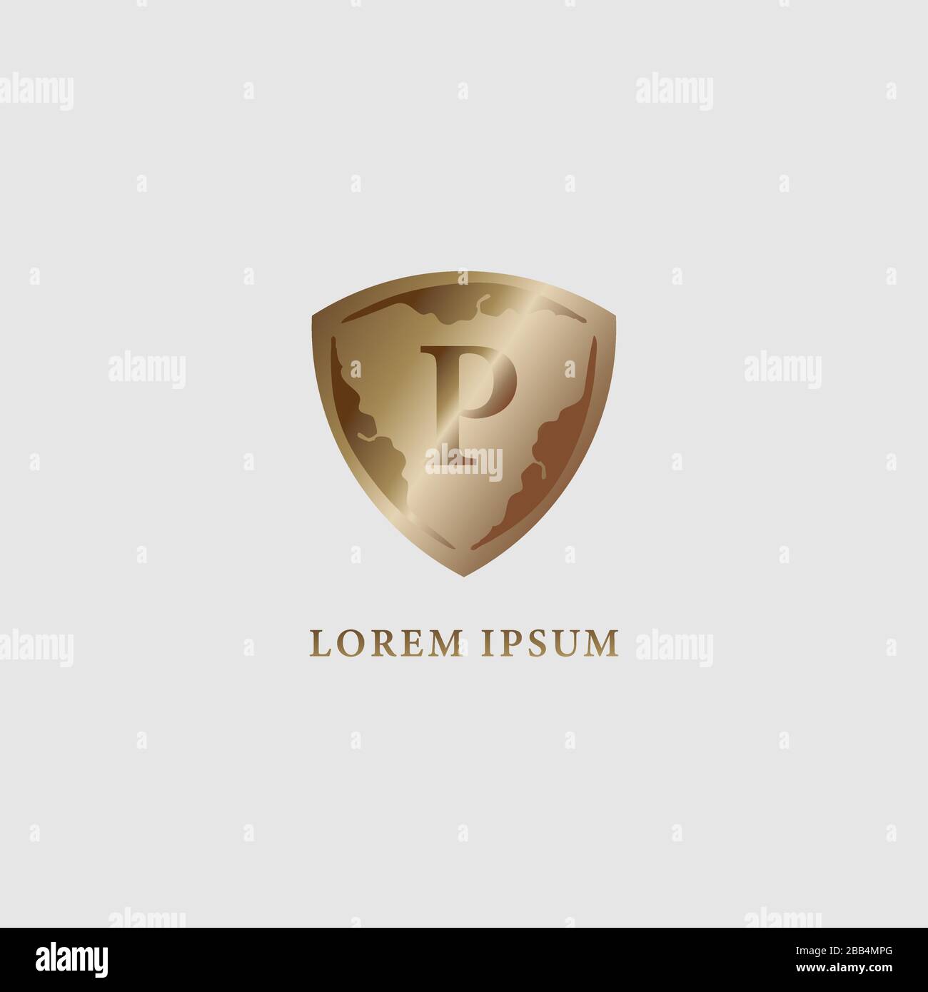 Letter P alphabet logo design template. Luxury gold decorative shield ...