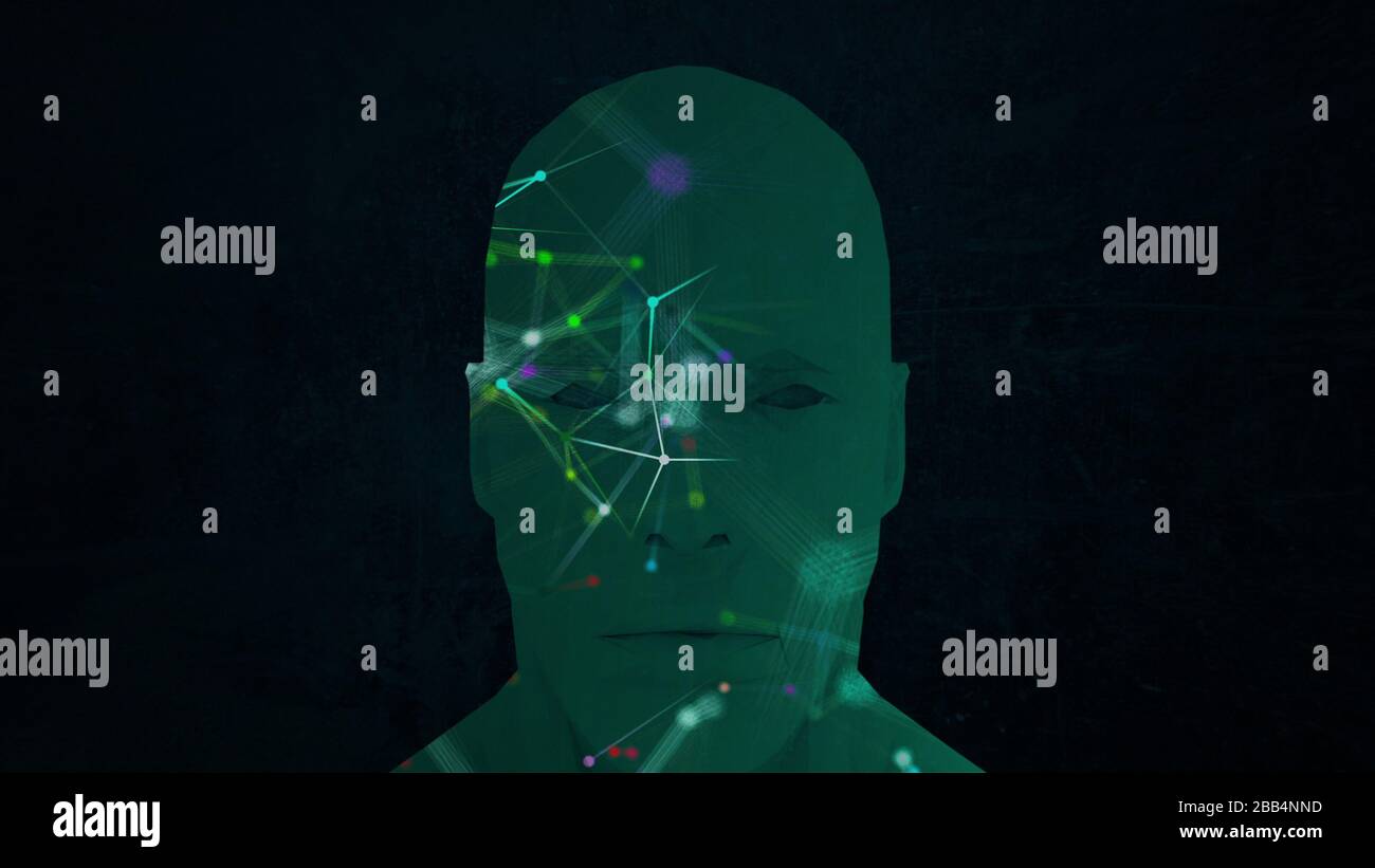Abstract face and connection dots inside. Technology background ...