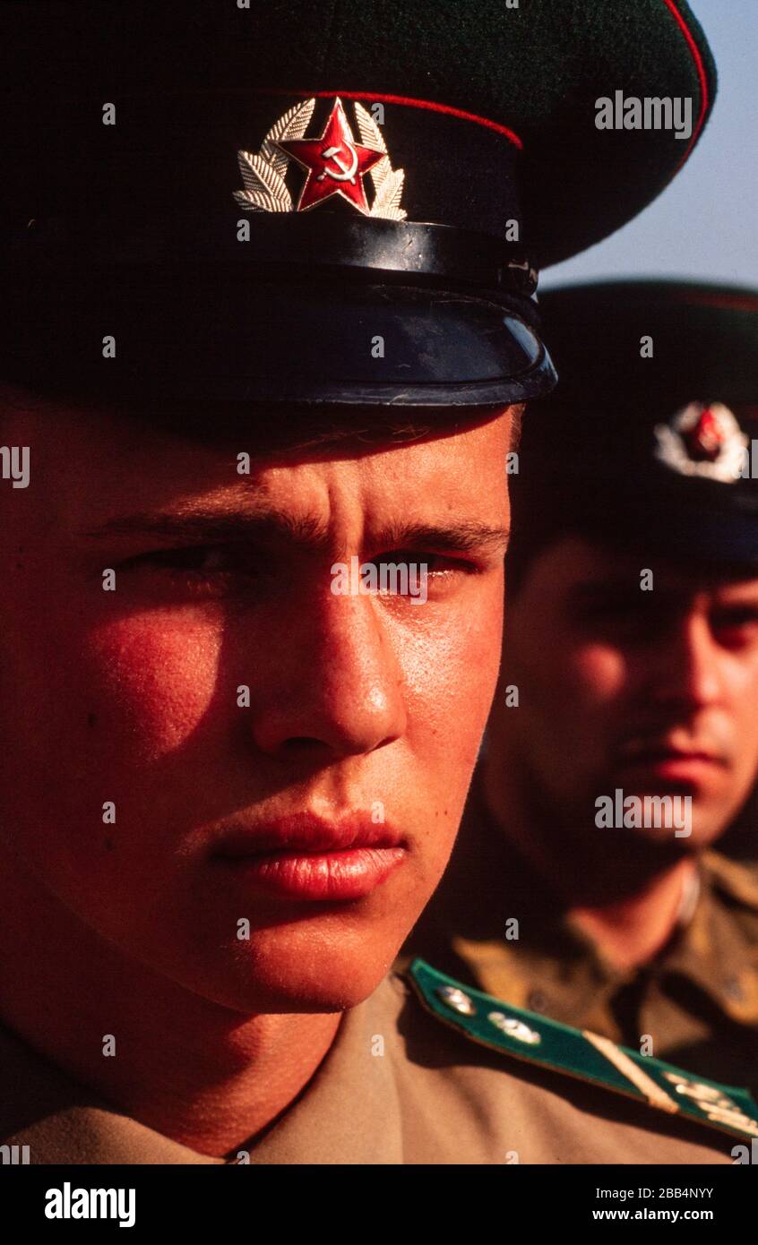 1990 KGB border guards on parade in Gursfuv, the Crimea, USSR, August ...