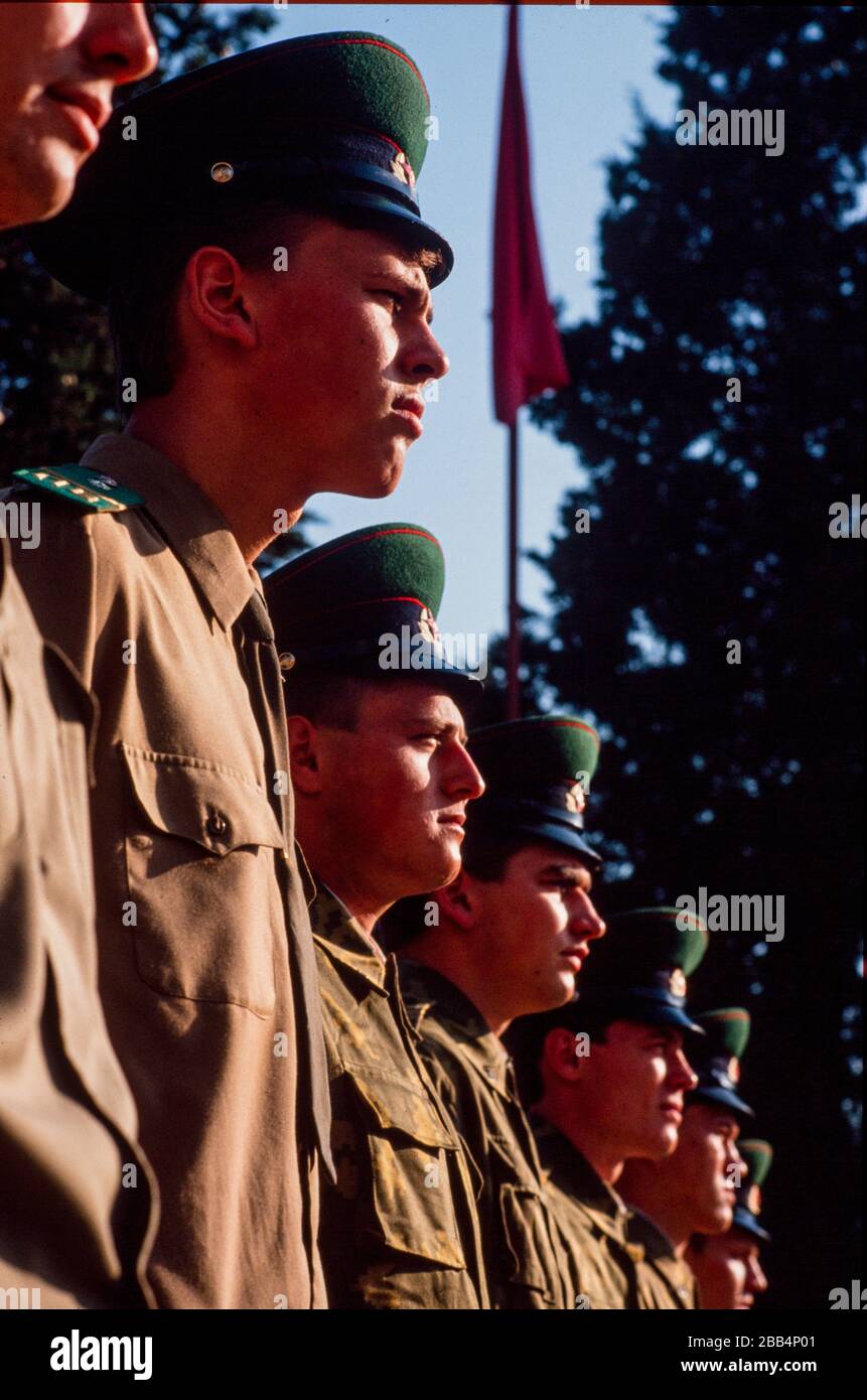 1990 KGB border guards on parade in Gursfuv, the Crimea, USSR, August ...