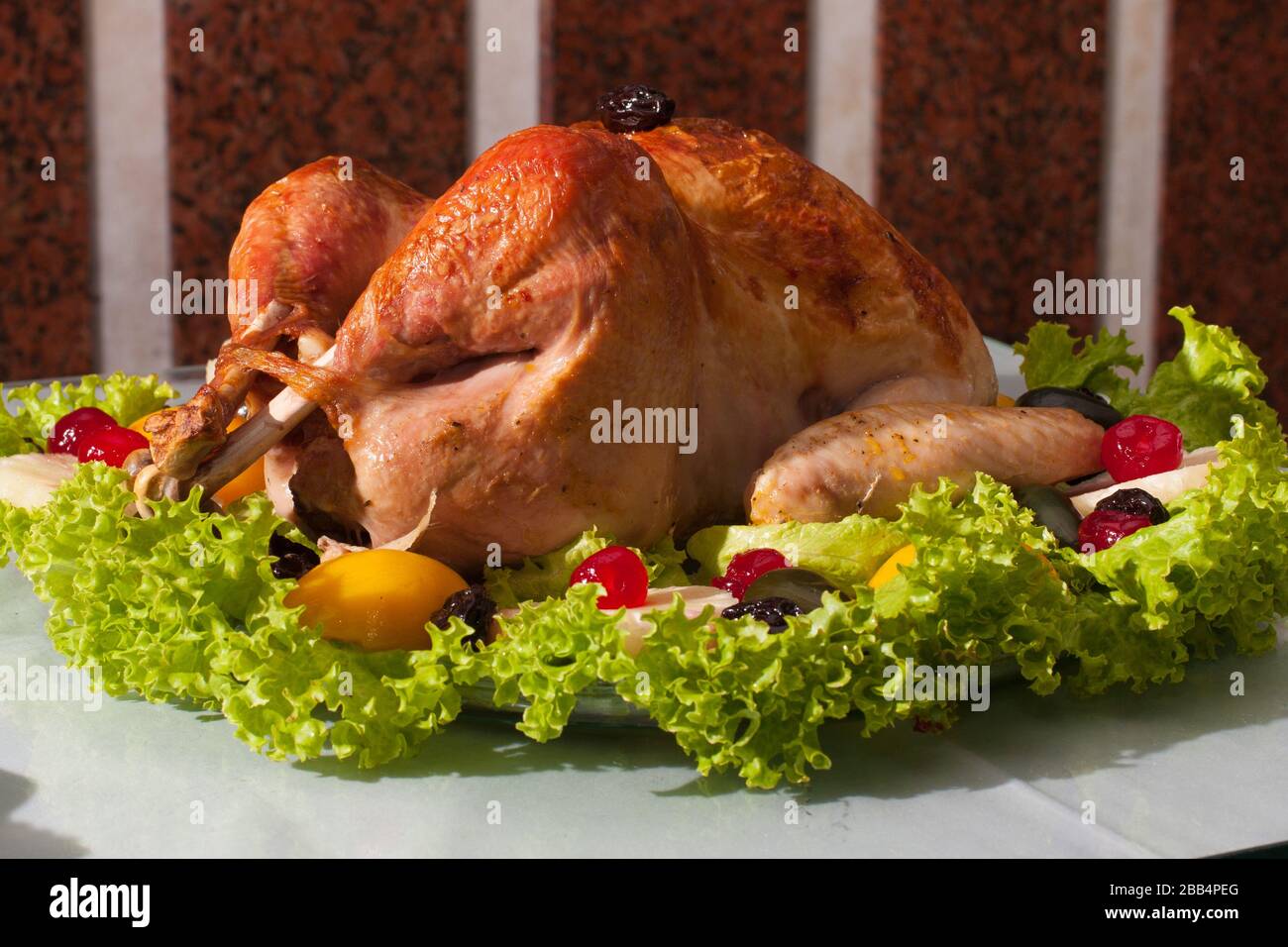 Christmas roast turkey with lettuce , cherry and dried fruit Stock ...