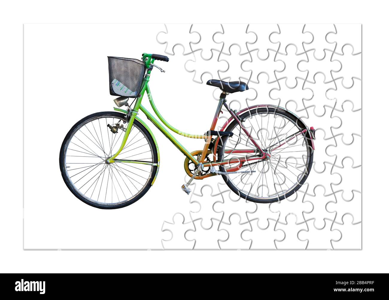 Old colored bicycle on white background - concept image in jigsaw ...