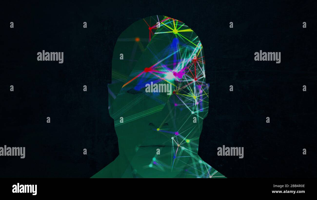 Abstract face and connection dots inside. Technology background ...