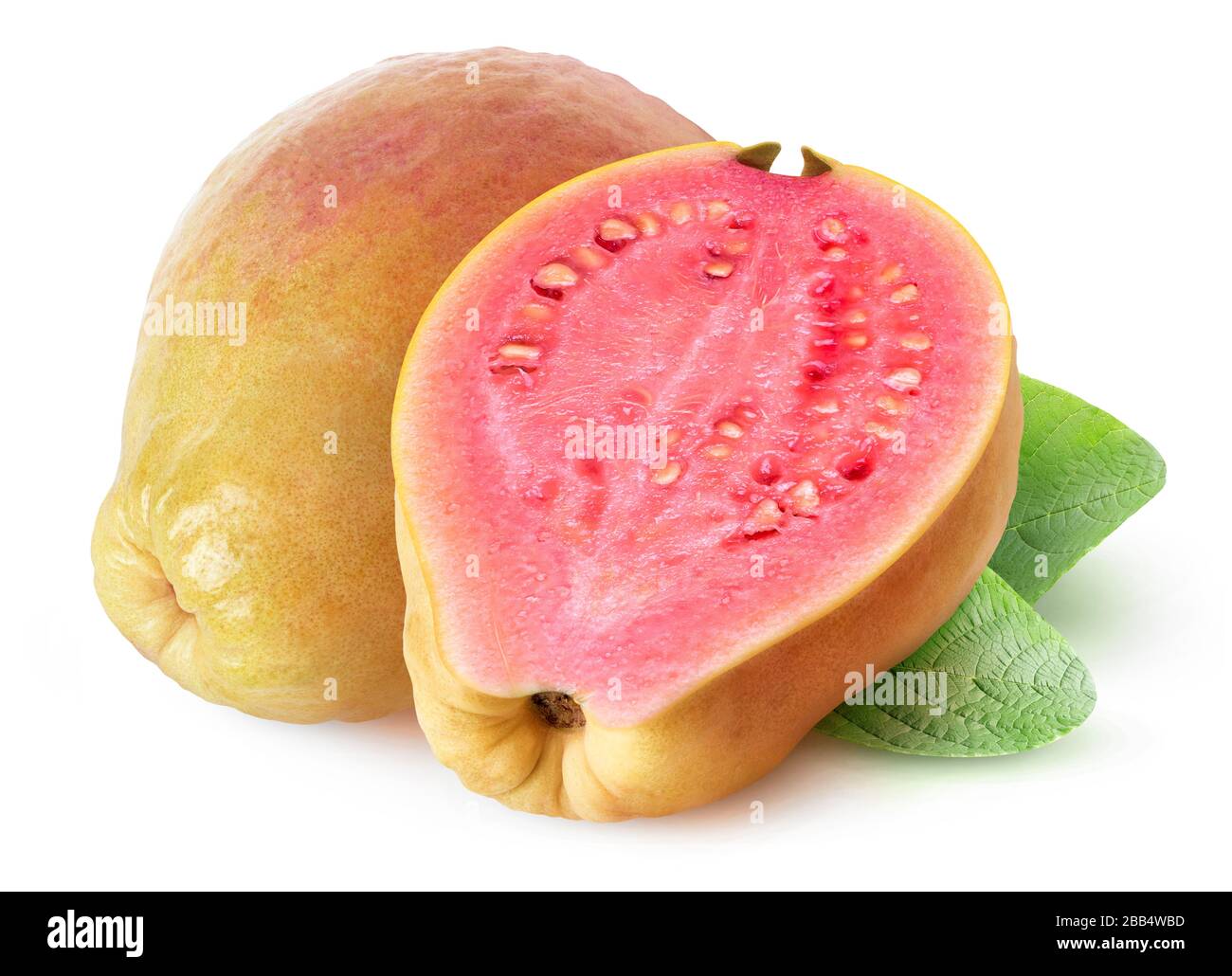 Isolated yellow pink fleshed guava. Whole yellow guava fruit and a half ...