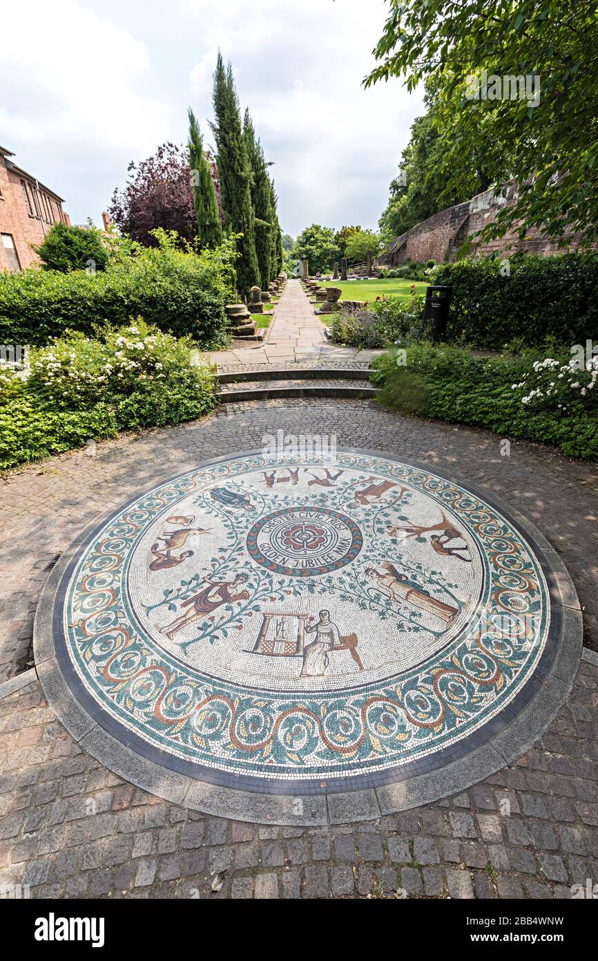 Modern Roman style mosaic set into park footpath in Roman area of ...