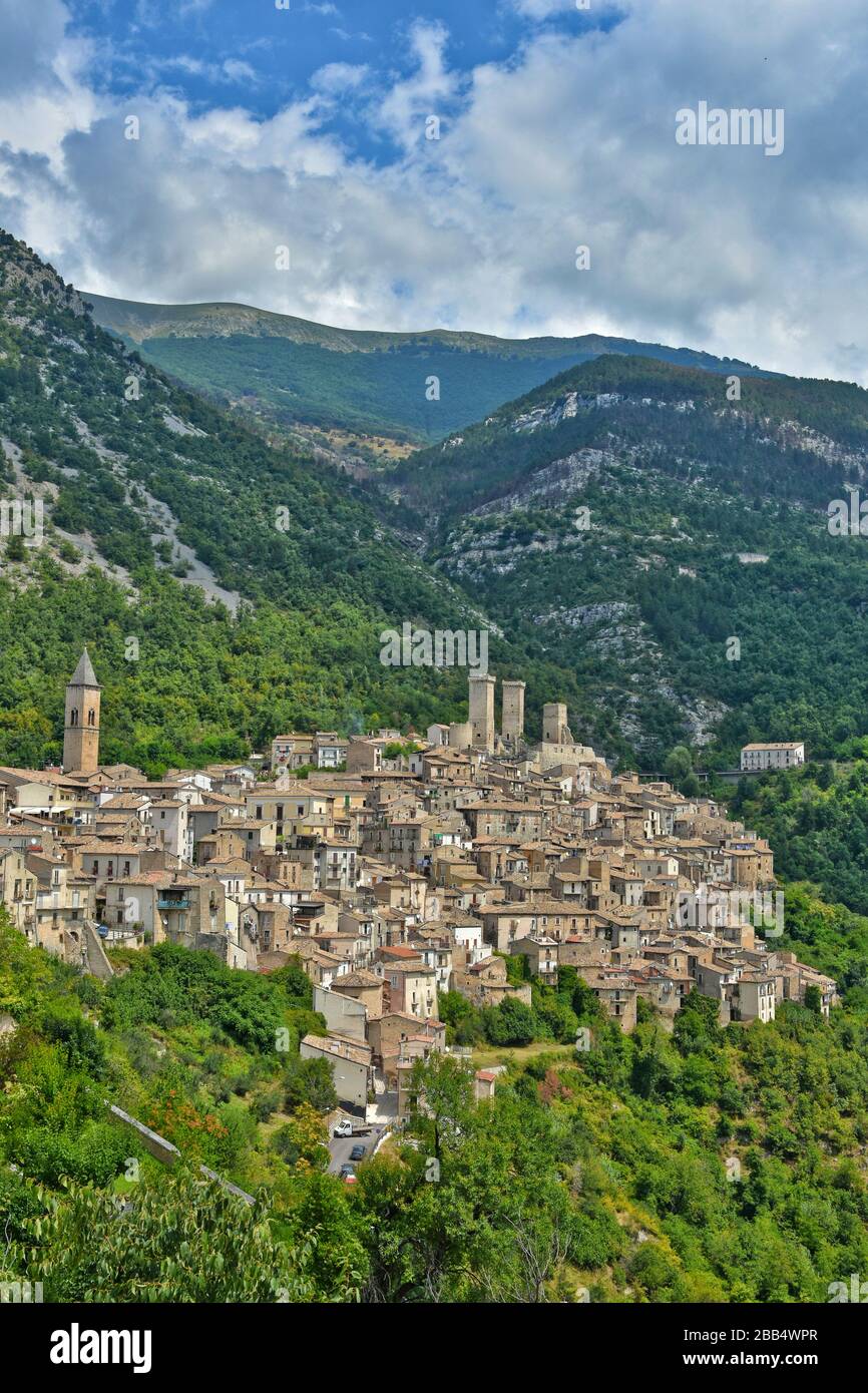 Panoramic view of a medieval village in the mountains of the Abruzzo ...