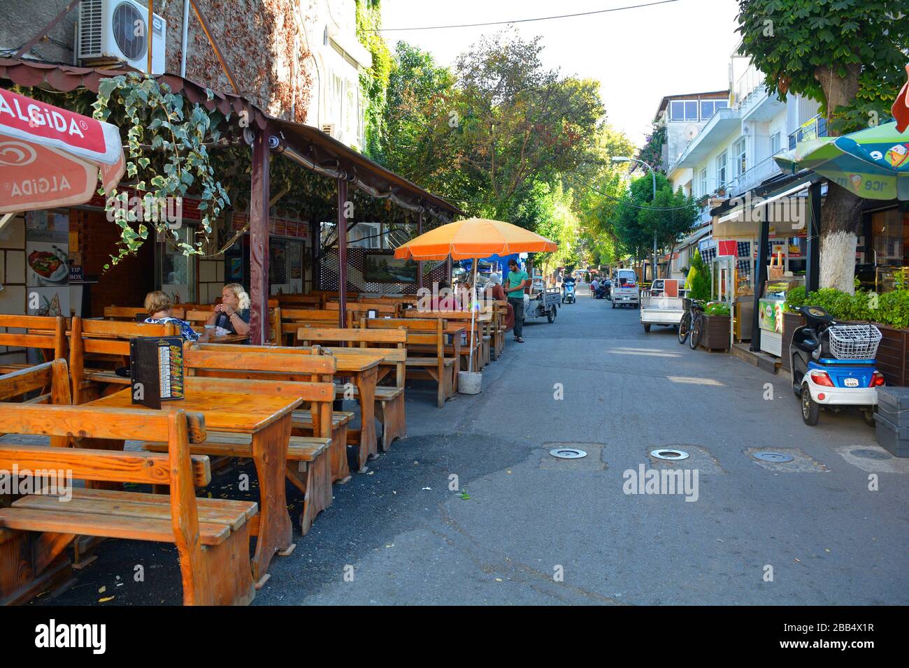 Kinaliada,Turkey-September 18th 2019. A street lined with restaurants ...