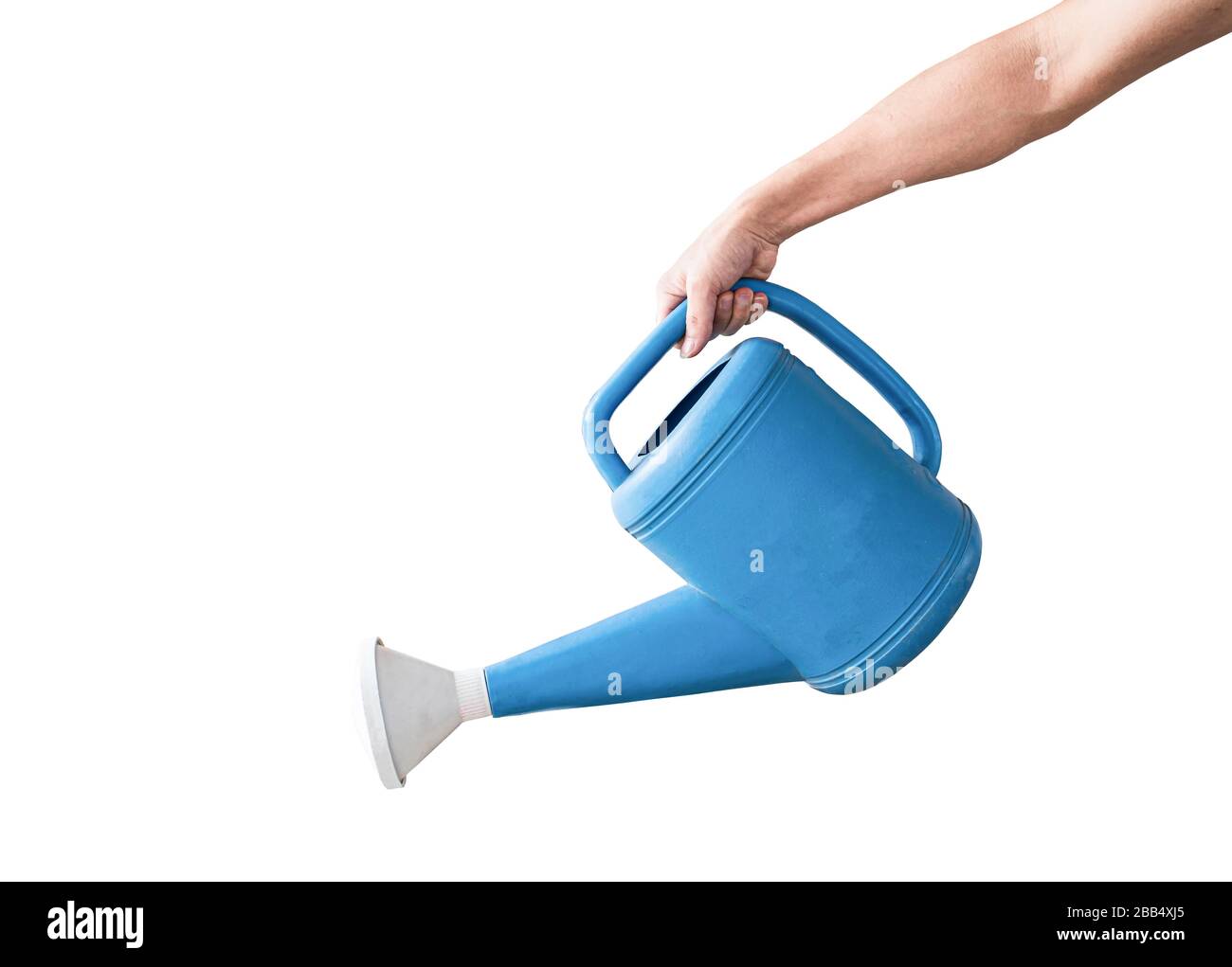 Hand holding a blue watering can, Isolated on white background with ...
