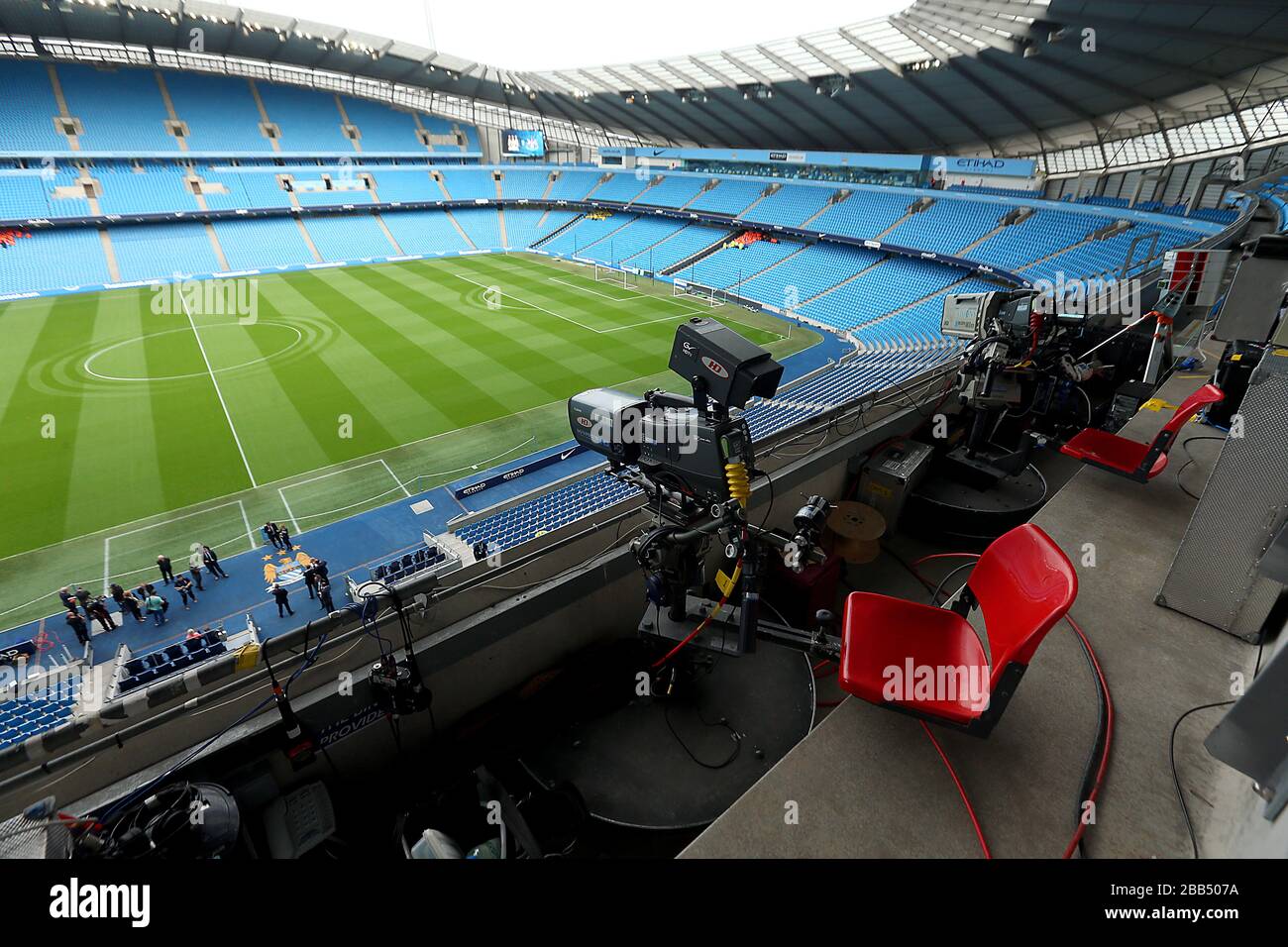 General view showing television cameras in the Etihad Stadium Stock ...