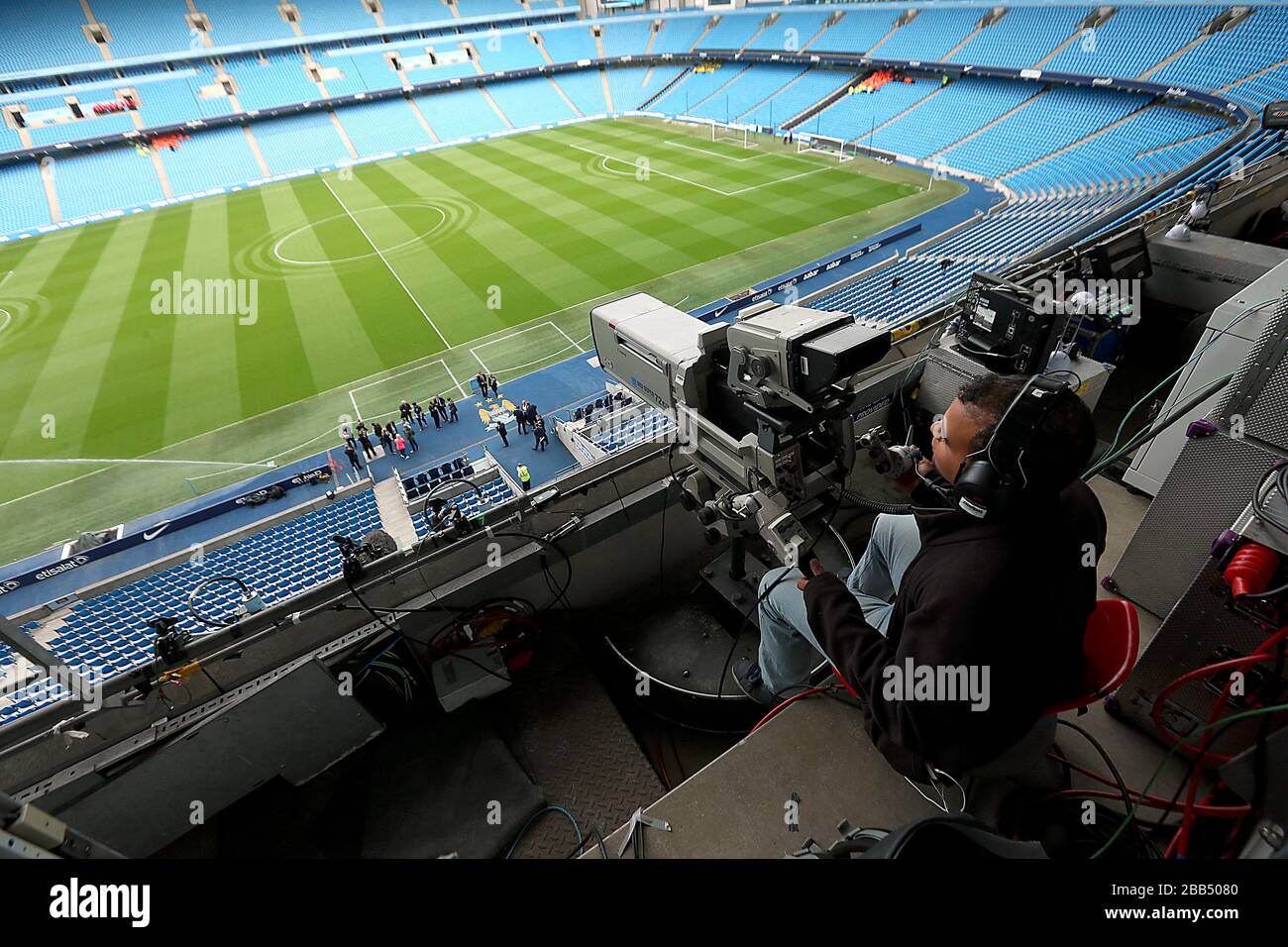 General view showing television cameras in the Etihad Stadium Stock ...