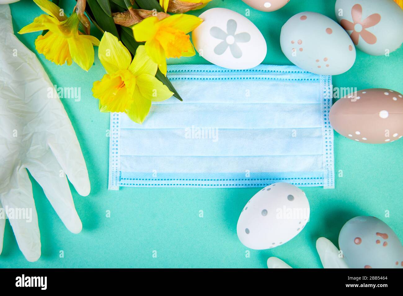 Flat lay of easter composition at coronavirus quarantine. Easter symbol ...