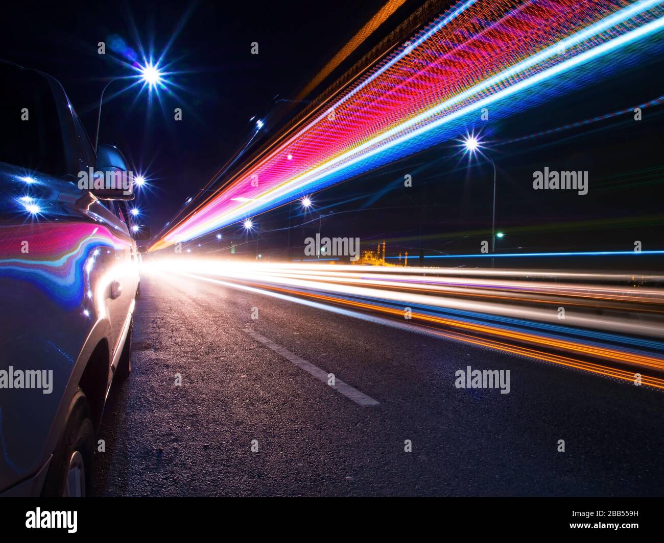 Tail Lights of a light rail at The Galata Bridge, Istanbul. There are ...