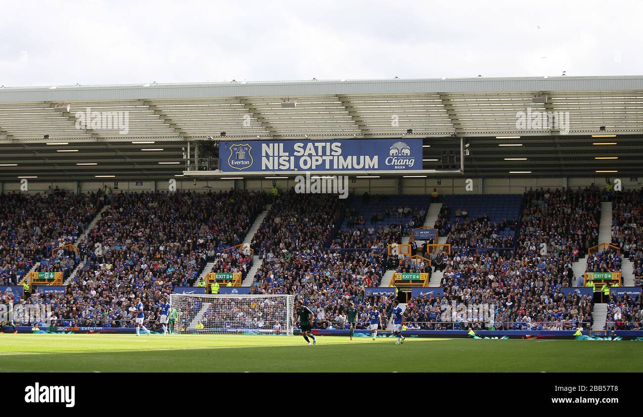 General view of the stand showing a large sign stating the Everton ...