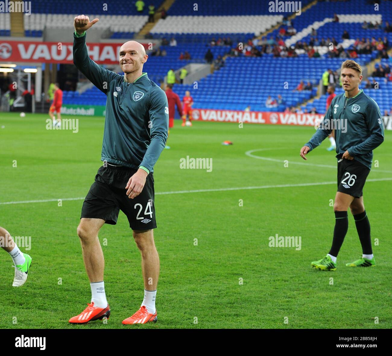Republic of Ireland and Derby County's Conor Sammon (left) walks off ...