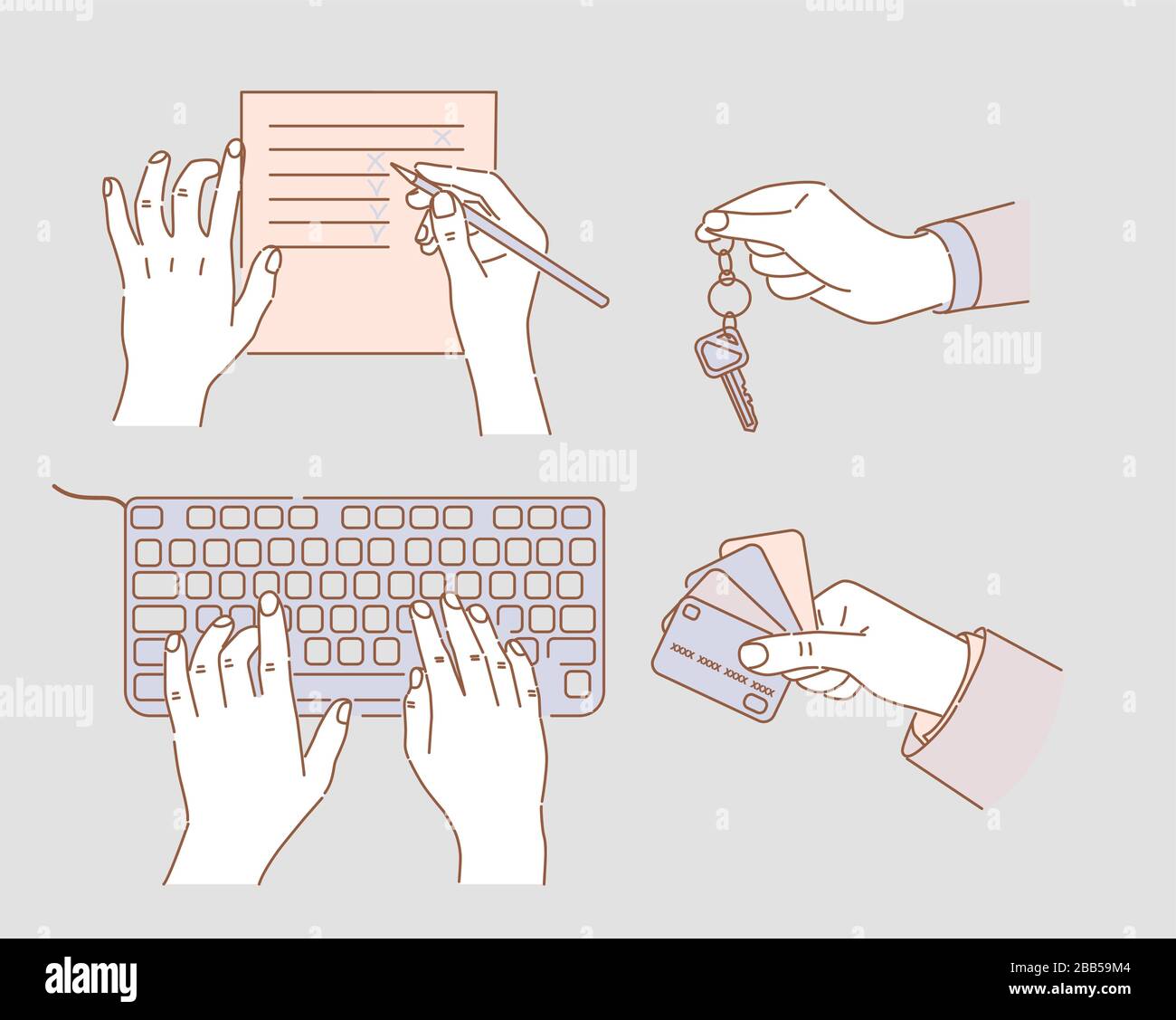 Hands holding business objects and doing work. Hands typing on keyboard ...