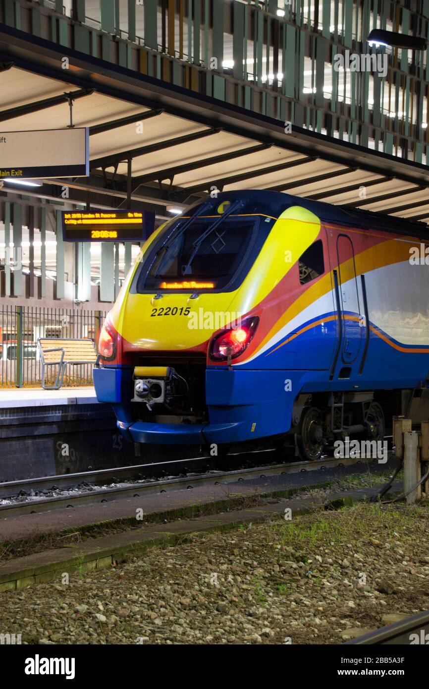 Night scene of an East Midlands Railway Class 222 Meridian express ...