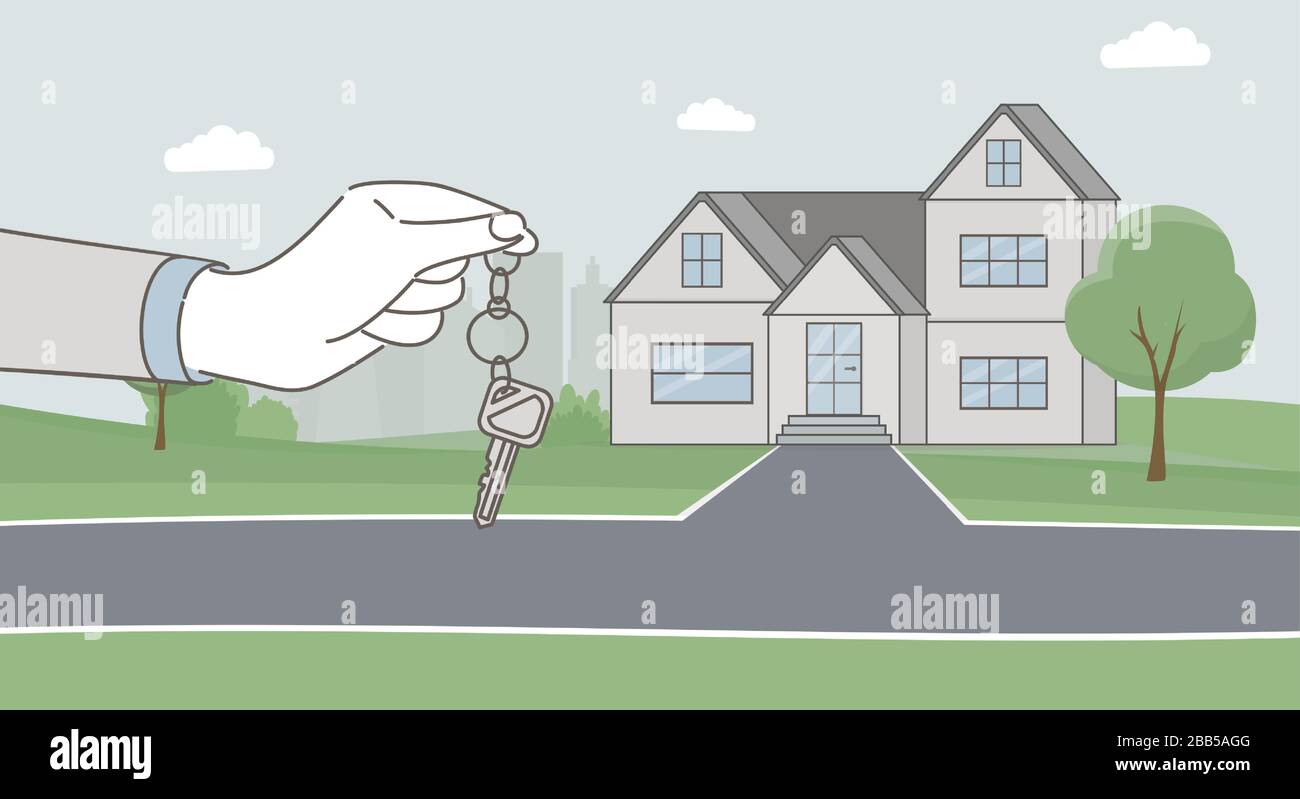 Hands holding keys and modern country house vector cartoon illustration ...