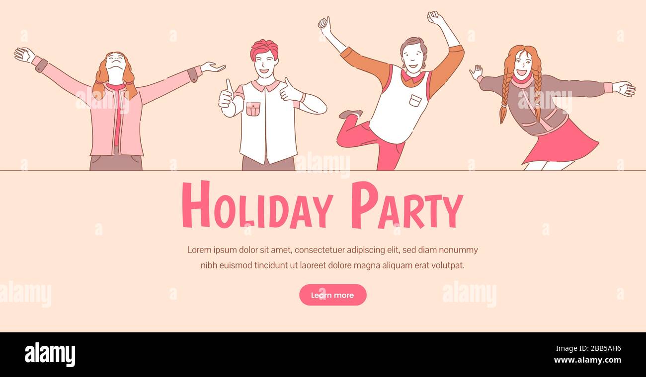 Holiday party vector banner template with text space. Happy young men ...