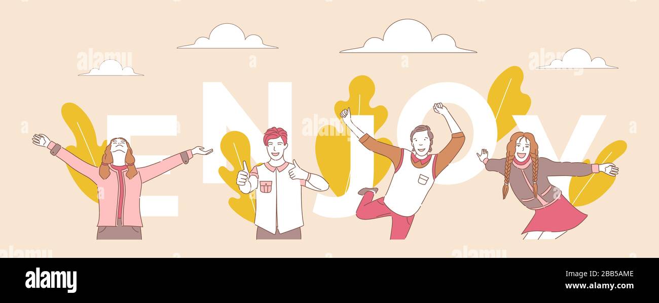 Enjoy word concept banner template. People dancing, showing thumbs up ...