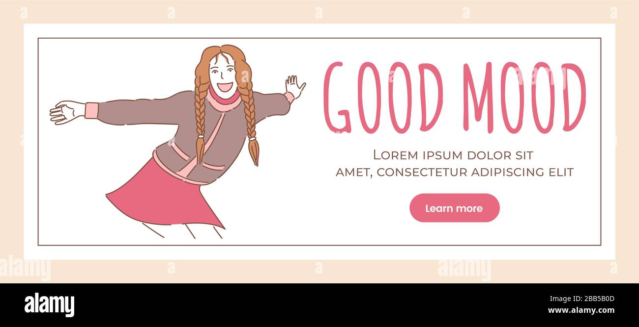 Good mood banner template with text space. Smiling girl dancing or ...
