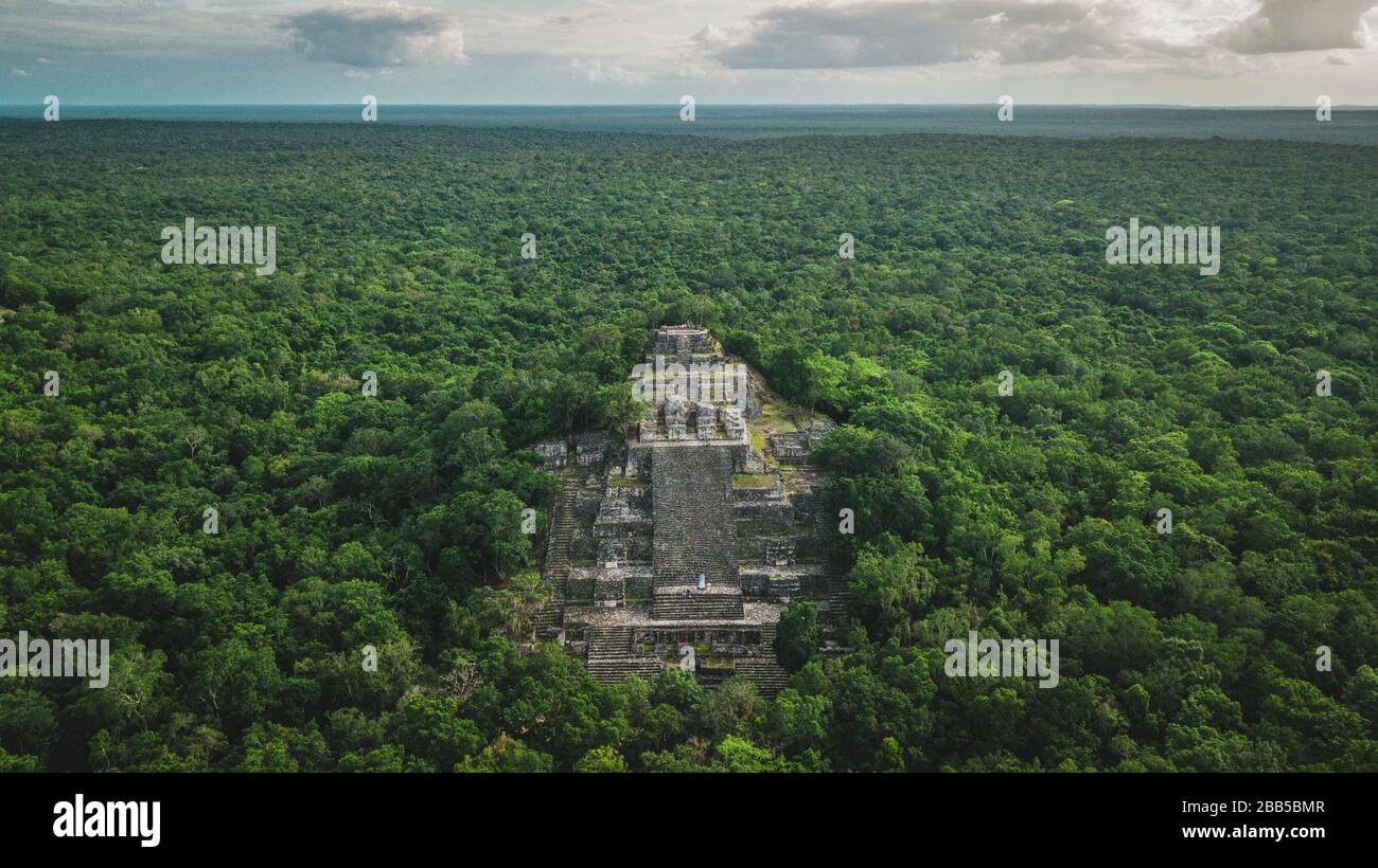 Aerial view of the pyramid, Calakmul, Campeche, Mexico. Ruins of the ...