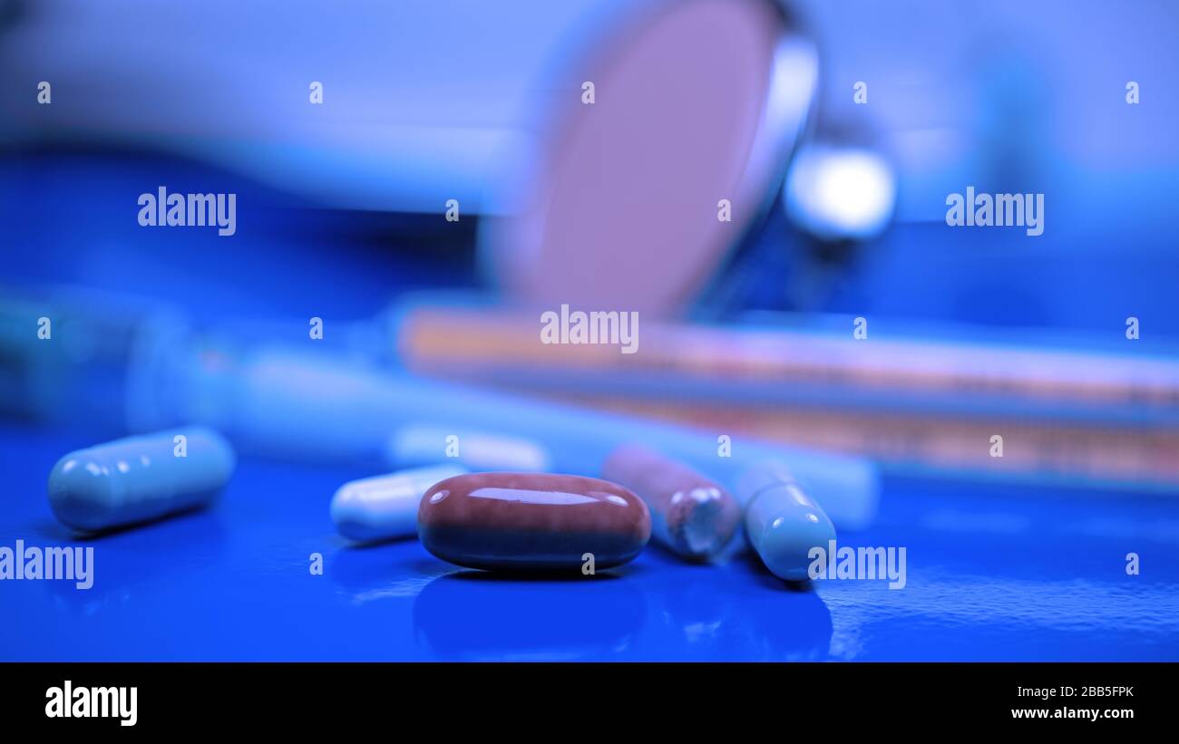Health care, medication and medical equipment in a close-up Stock Photo ...
