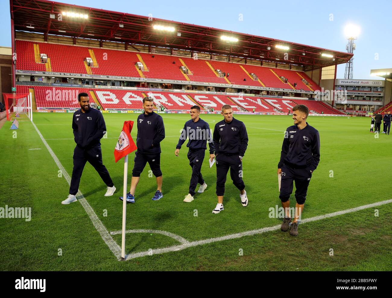 Derby players inspect the pitch at Barnsley's Oakwell Stadium before ...
